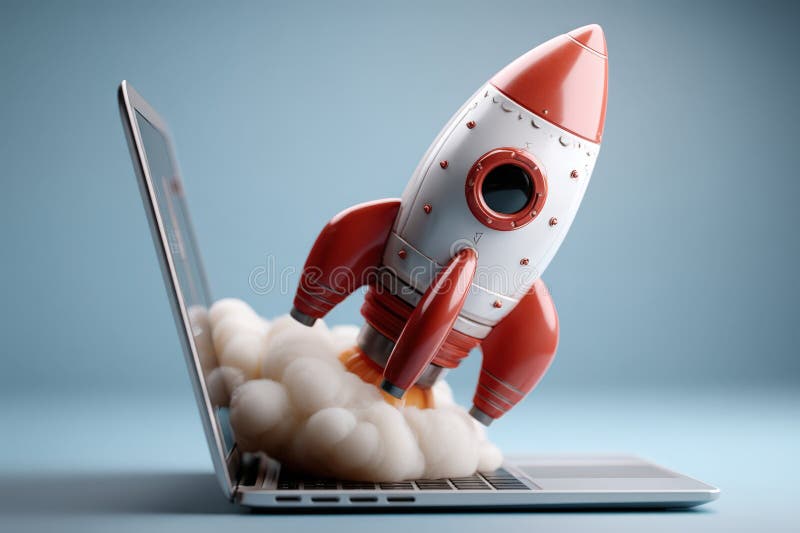 A Rocket is Currently Emerging from a Laptop Computer Device Stock ...