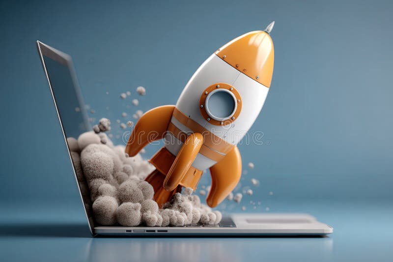A Rocket is Currently Emerging from a Laptop Computer Device Stock ...