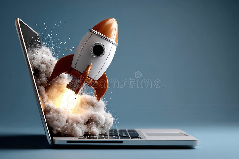 A Rocket is Currently Emerging from a Laptop Computer Device Stock ...