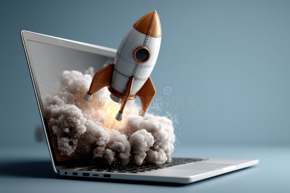 A Rocket is Currently Emerging from a Laptop Computer Device Stock ...