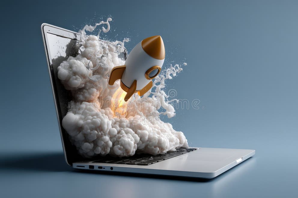 A Rocket is Currently Emerging from a Laptop Computer Device Stock ...