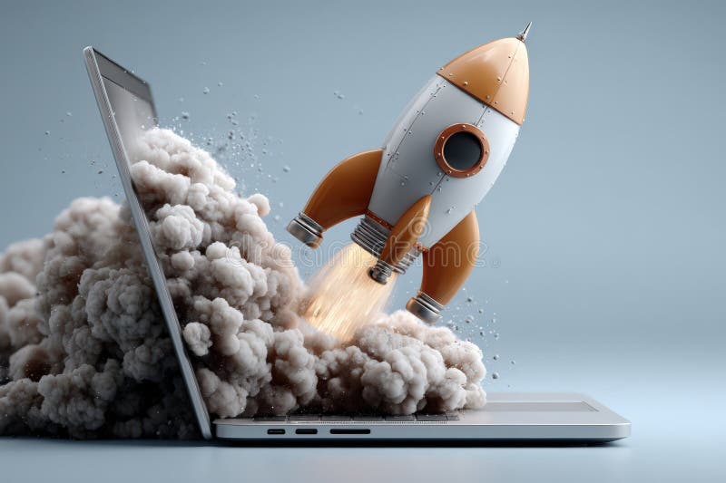 A Rocket is Currently Emerging from a Laptop Computer Device Stock ...