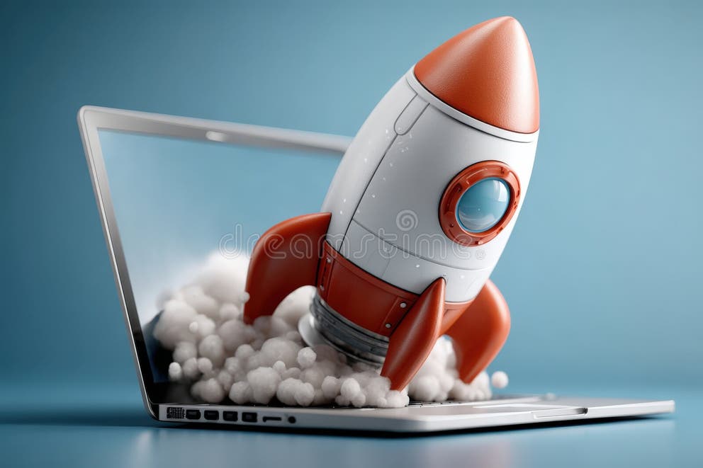 A Rocket is Currently Emerging from a Laptop Computer Device Stock ...
