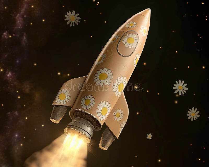 Rocket Decorated with White Daisies on Dark Sky Background Stock Photo ...