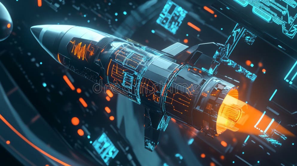 Rocket Design Launches through Digital Space with Glowing Elements and ...