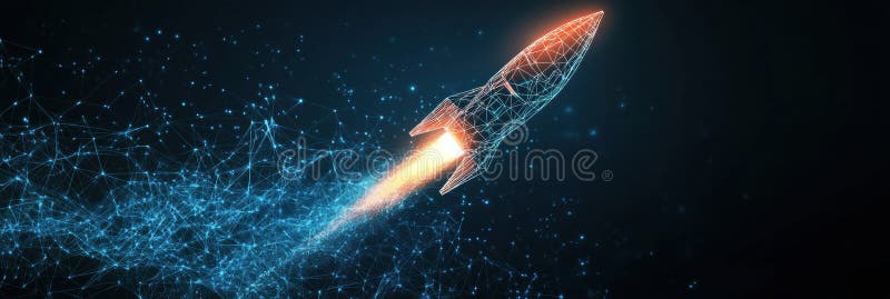 A Rocket Designed with a Polygonal Wireframe Launches through a Network ...