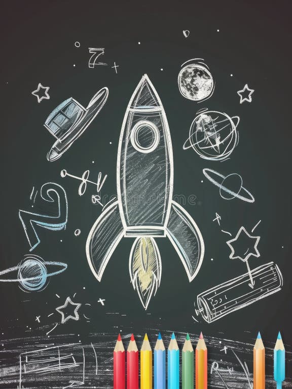 Rocket Drawing on Chalkboard Stock Photo - Image of chalkboard ...
