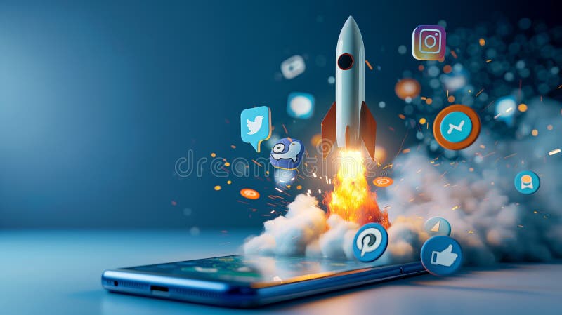 A Rocket Emerges from a Cell Phone Screen, Soaring into the Sky Stock ...