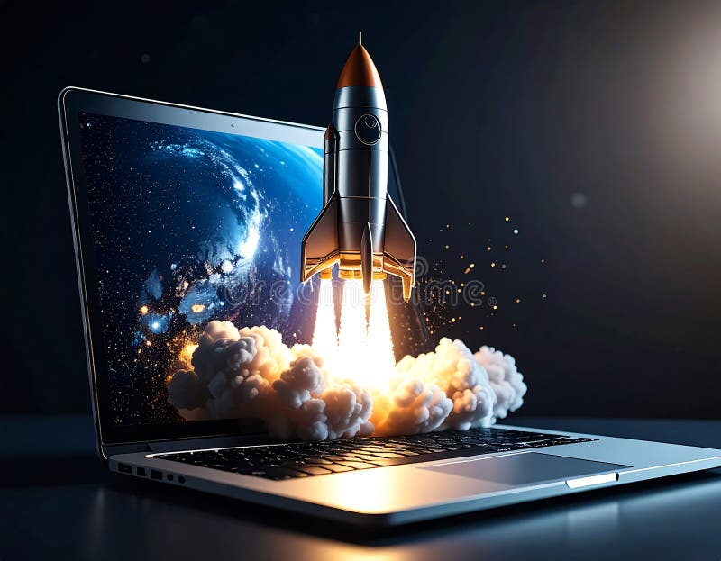 Rocket Emerging from Laptop Screen Representing Innovation and Virtual ...