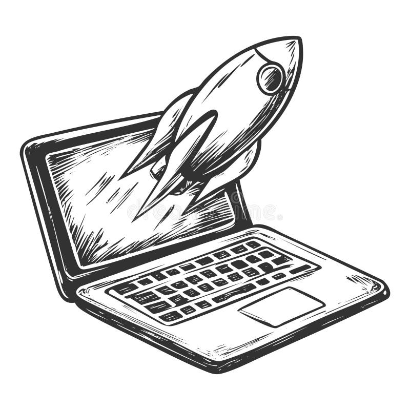 Rocket Emerging from Laptop Screen, Symbolizing Innovation and Digital ...