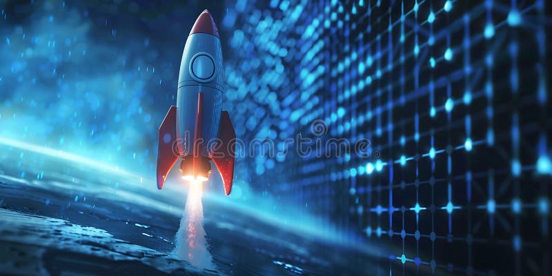 Rocket Emerging from Screen, Deep Blue Matrix Background Stock ...
