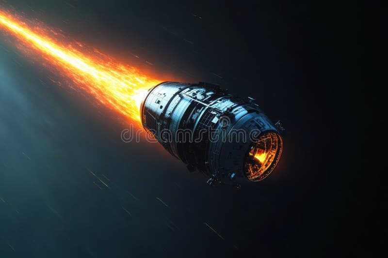 Rocket Engine Emits Fiery Thrust in Deep Space during a High-speed ...