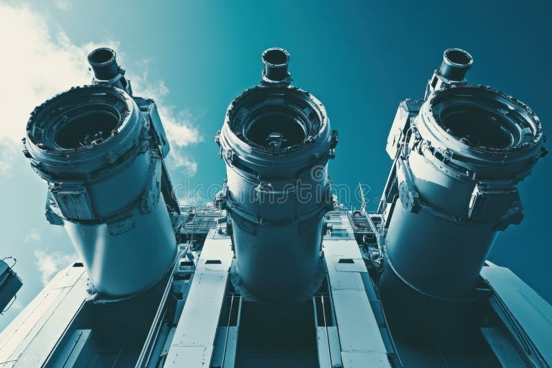 Rocket Engines Viewed from Below Against a Clear Blue Sky during ...
