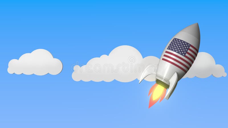 Rocket with Flag of the USA Flies in the Sky. American Success or Space ...