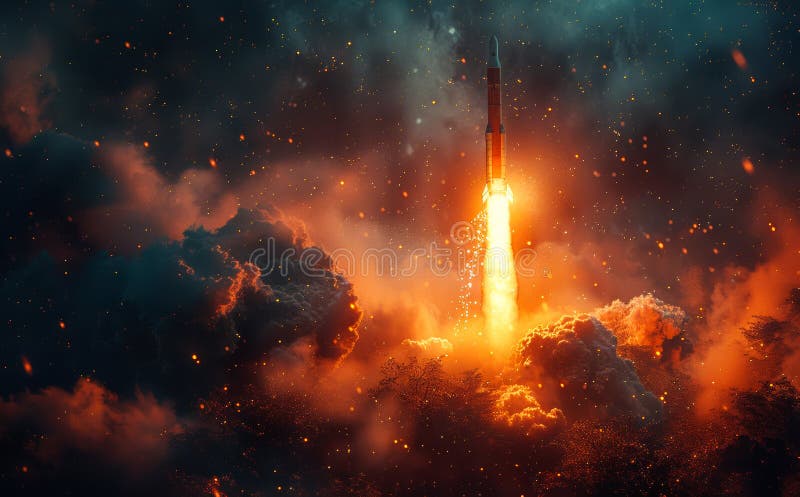 Rocket Flies through the Clouds with Flames and Smoke Stock Photo ...