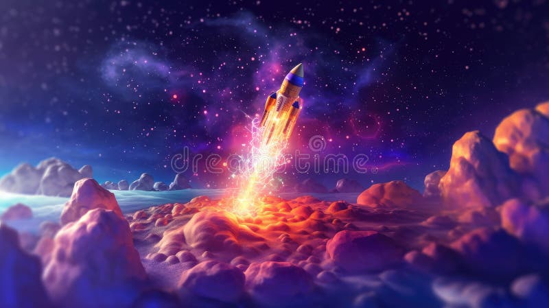 Rocket Flies through the Clouds on Moonlight Stock Illustration ...