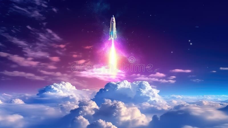 Rocket Flies through the Clouds on Moonlight Stock Illustration ...