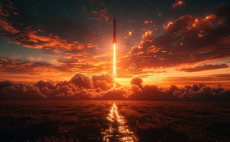 Rocket Flies through the Clouds at Sunset Stock Image - Image of ...
