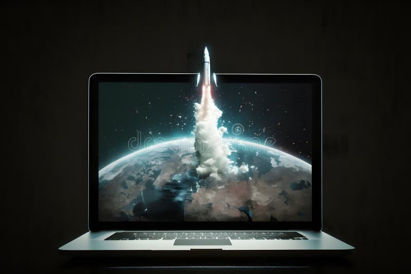 Rocket Flies Out of the Computer, High Speed Internet, Startup Concept ...