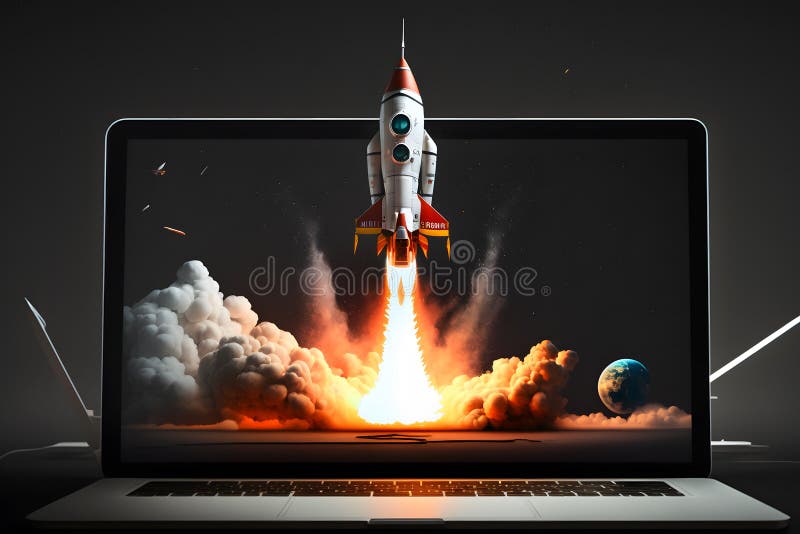 Rocket Flies Out of the Computer, High Speed Internet, Startup Concept ...