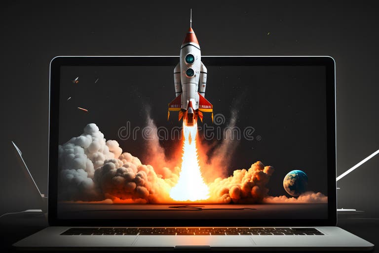 Rocket Flies Out of the Computer, High Speed Internet, Startup Concept ...