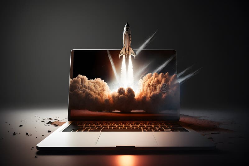 Rocket Flies Out of the Computer, High Speed Internet, Startup Concept ...
