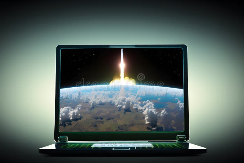 Rocket Flies Out of the Computer, High Speed Internet, Startup Concept ...
