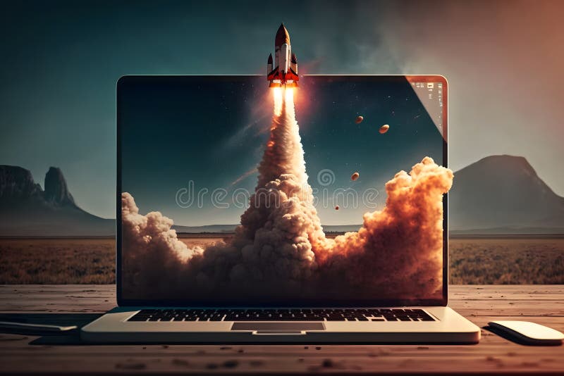Rocket Flies Out of the Computer, High Speed Internet, Startup Concept ...