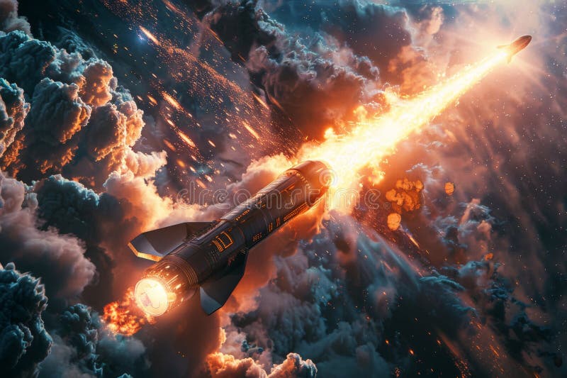 Rocket Flies in the Sky Surrounded by Clouds, Sunlight, and Other ...