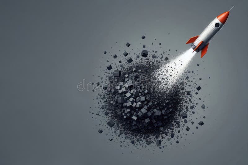 Rocket in Flight with Flying Cubes. Space for Text. Stock Photo - Image ...