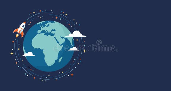 Rocket Flying Around Earth Globe in Space, Copy Space. Vector ...