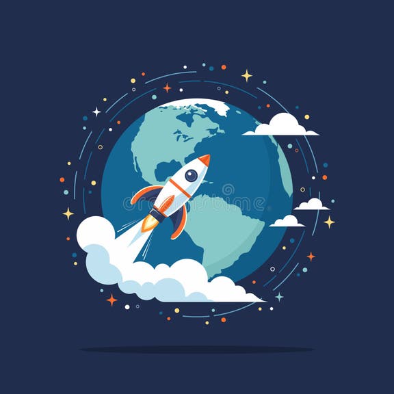 Rocket Flying Around Earth Globe in Space, Vector Illustration Stock ...