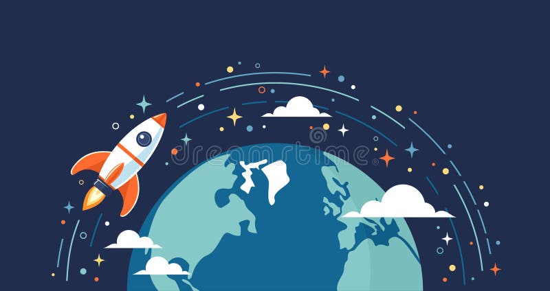 Rocket Flying Around Earth Planet in Space, Vector Illustration Stock ...