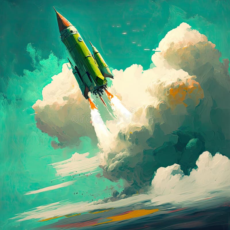 Rocket Flying through the Clouds, Acrylic Palette. Stock Illustration ...