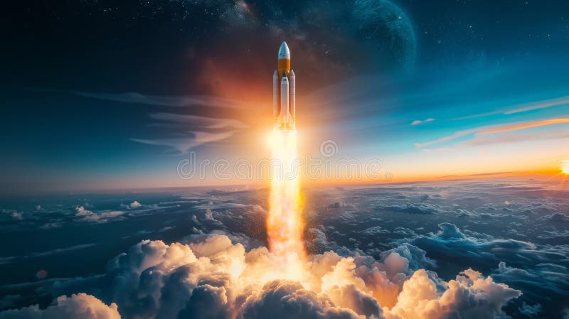 A Rocket is Flying through the Clouds with a Bright Light, AI Stock ...