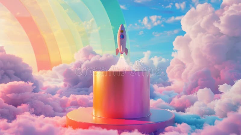 Rocket Flying through Clouds with Rainbow in Background Stock Photo ...