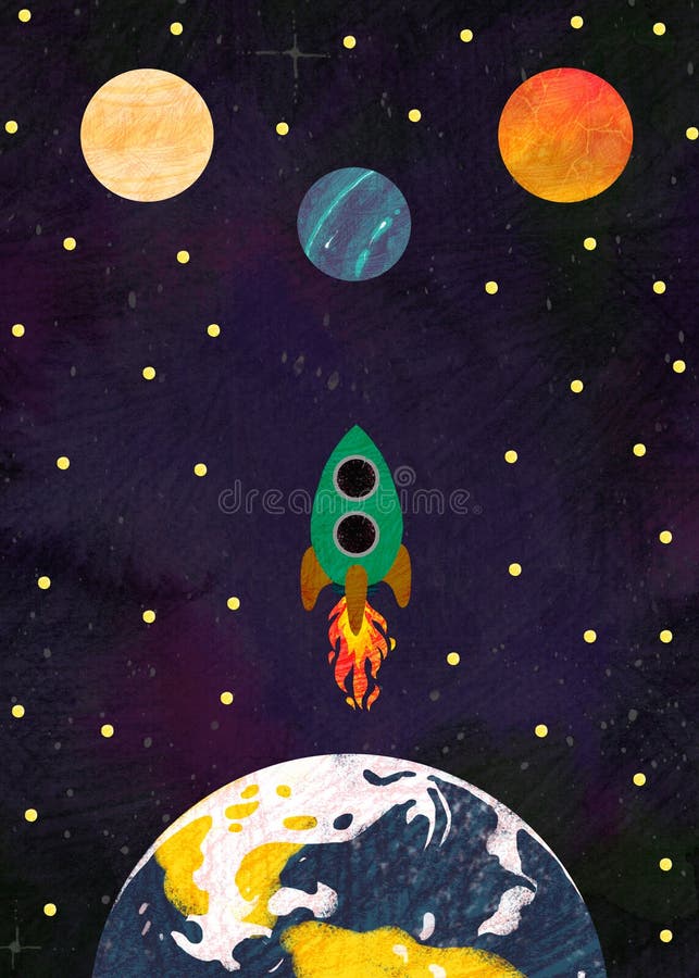 Rocket Flying from Earth. Planets and Stars Stock Illustration ...