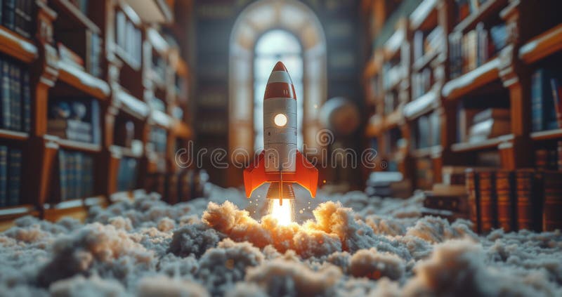 Rocket Flying through Library of Books Stock Image - Image of ...