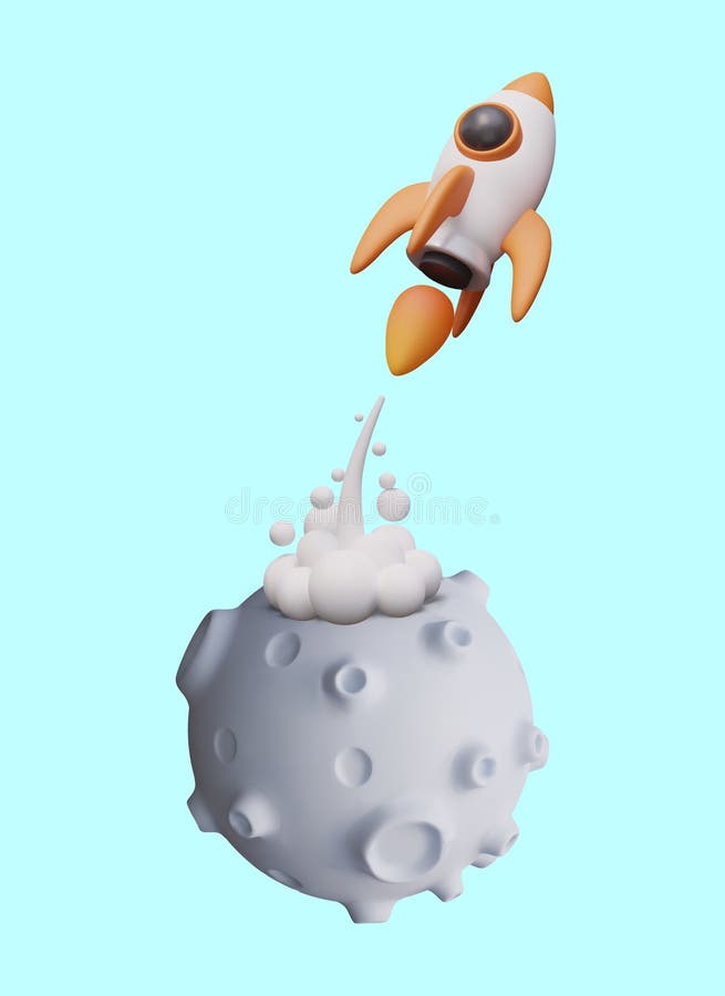 Rocket Flying Off from Moon. Launching Space Ship with Smoke and Fire ...