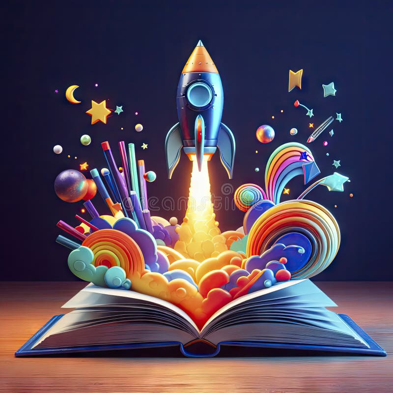 A Rocket Flying Out of an Open Book. Concept of Pursuit of Knowledge ...