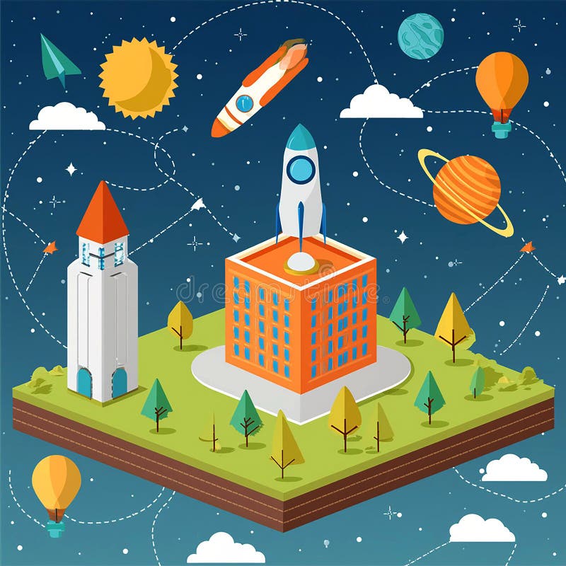 Rocket Flying Over a Building Stock Illustration - Illustration of ...