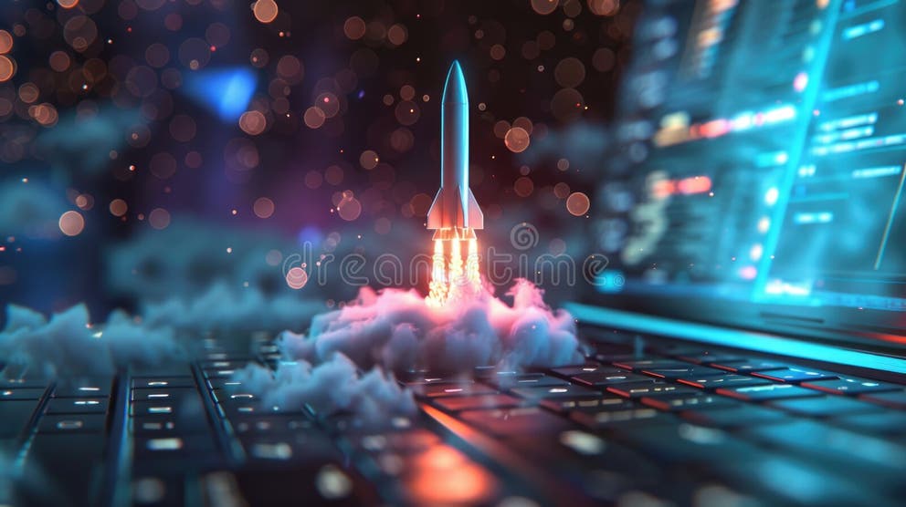 A Rocket is Flying Over a Laptop Keyboard Stock Photo - Image of ...