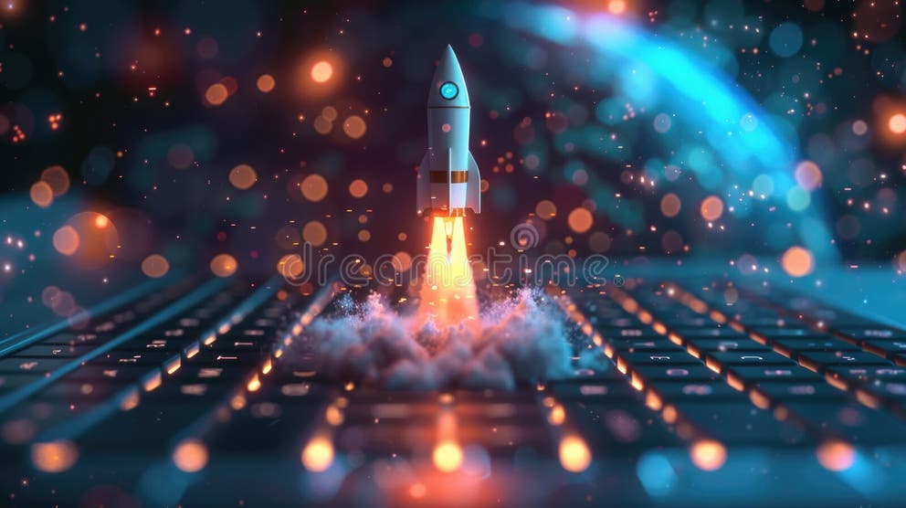 A Rocket is Flying Over a Laptop Keyboard Stock Illustration ...