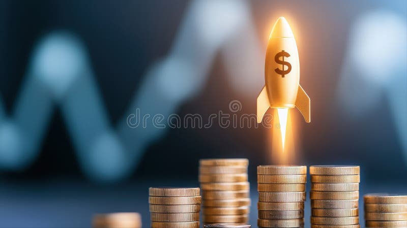 Rocket Flying Over Stacks of Coins Representing Finance and Space ...