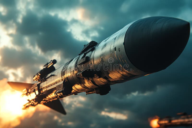 Rocket is Flying through the Sky with a Bright Orange Flame Coming Out ...