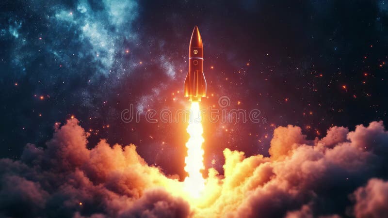 Rocket is Flying through the Sky with a Bright Orange Flame Coming Out ...