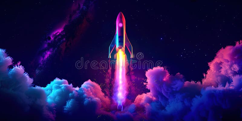 Rocket Flying Over Stacks of Coins Representing Finance and Space ...