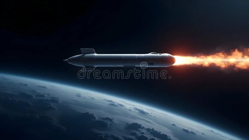 Rocket Flying through Space with Earth Visible in the Background Stock ...