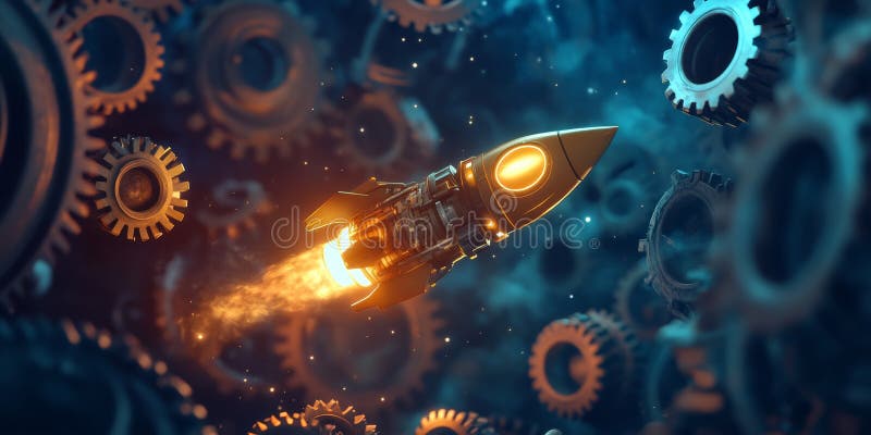 A Rocket is Flying through a Space Filled with Gears Stock Illustration ...