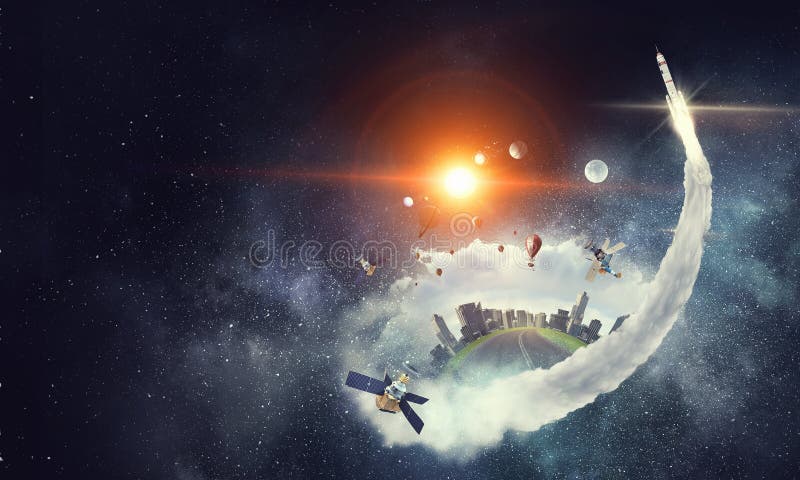 Rocket Flying in Space. Mixed Media Stock Photo - Image of ares ...